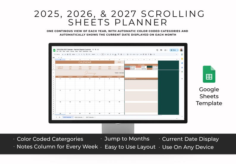 2025-2027 Google Sheets Planner: Continuous Scroll Calendar (digital ...