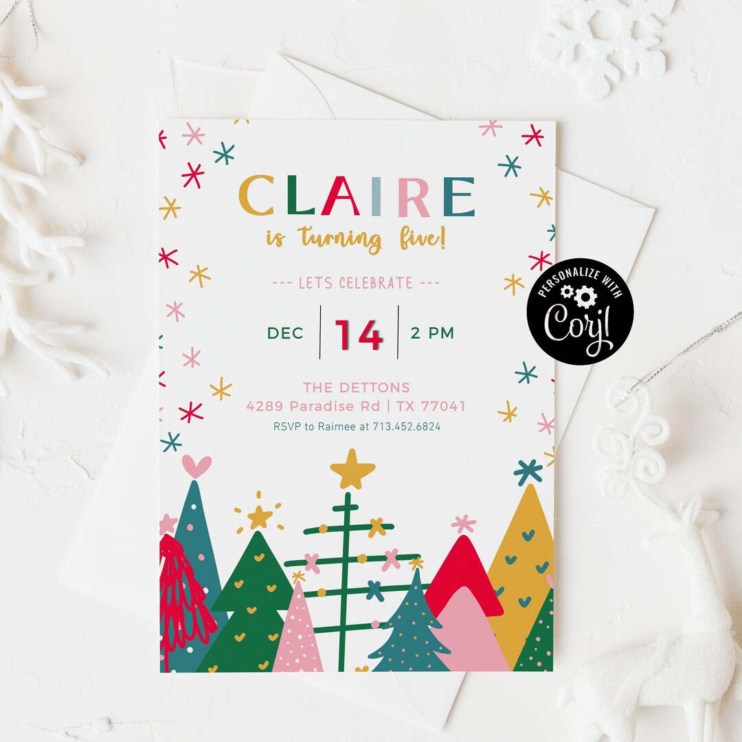 Winter Birthday Party Invitation: Colorful Trees (editable Template) - Etsy