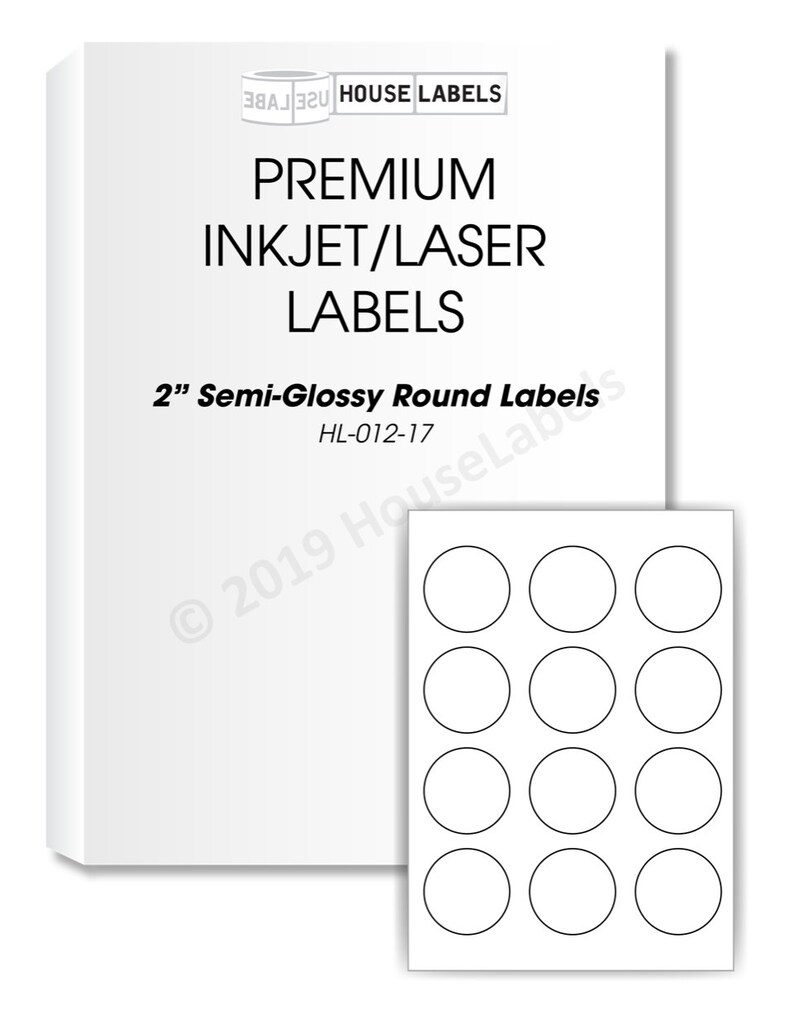 White 2” ROUND GLOSSY LABELS, 12 Labels per Sheet, for Inkjet and Laser ...