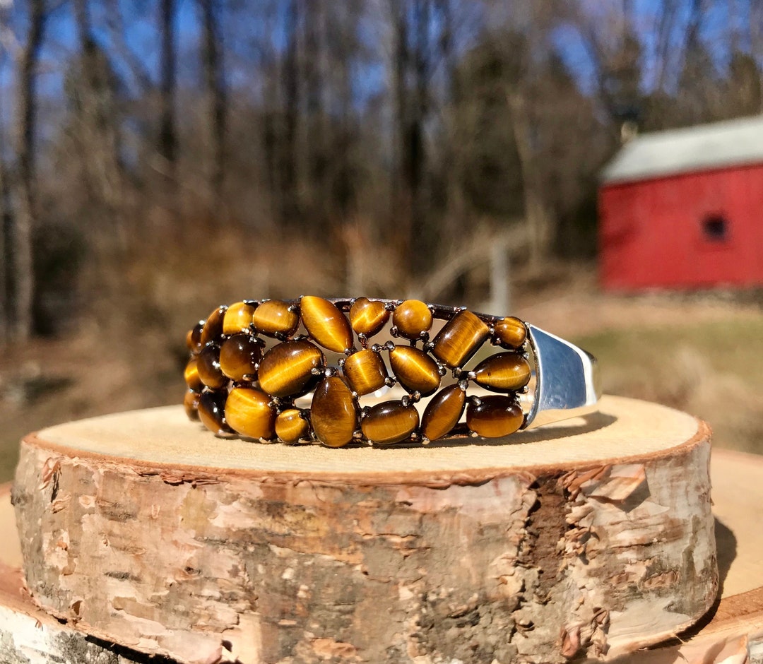 Sterling Silver Tigers Eye Cuff Bracelet: Hinged Mosaic Gemstone Design ...