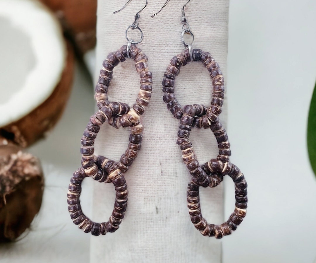 Coconut Shell Bead Earrings, Coconut Jewelry, Rustic Earrings, Nature ...