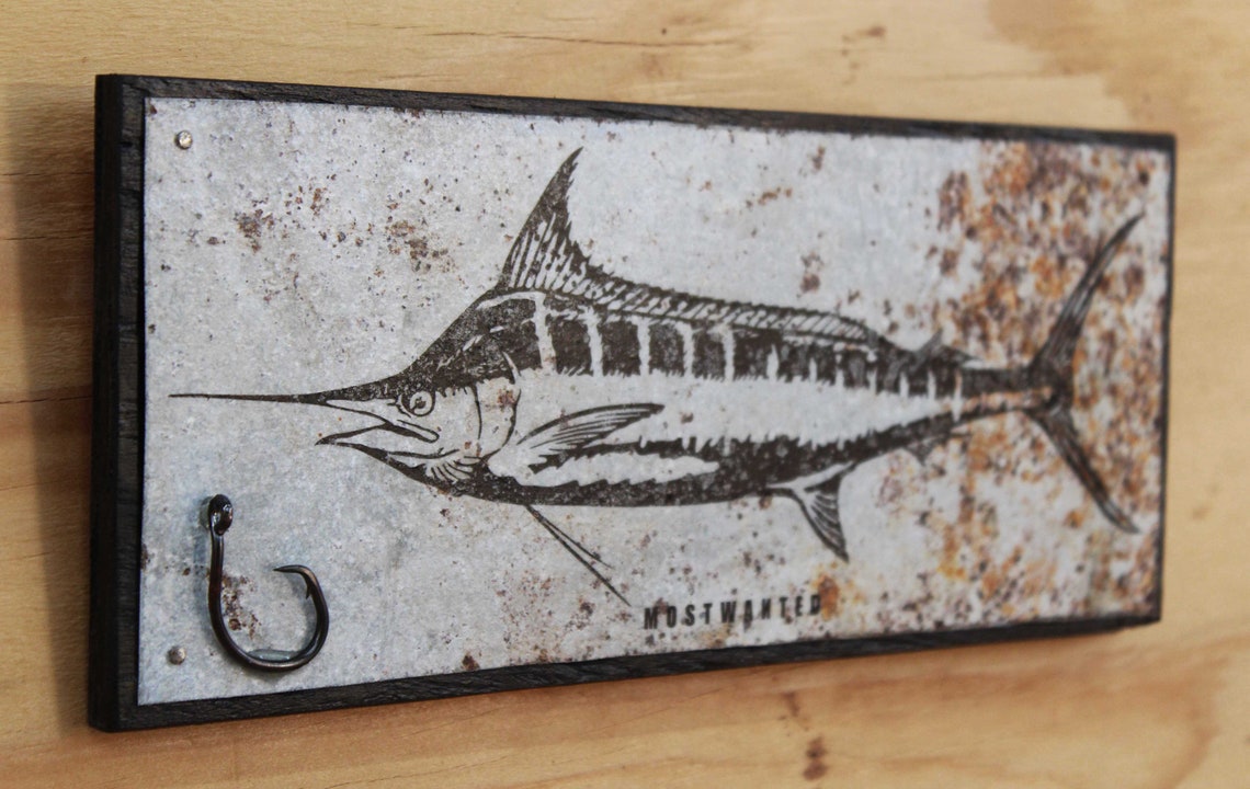 Blue Marlin With Fishing Hook, Drawing, Artwork Transfer on Rusty Metal ...