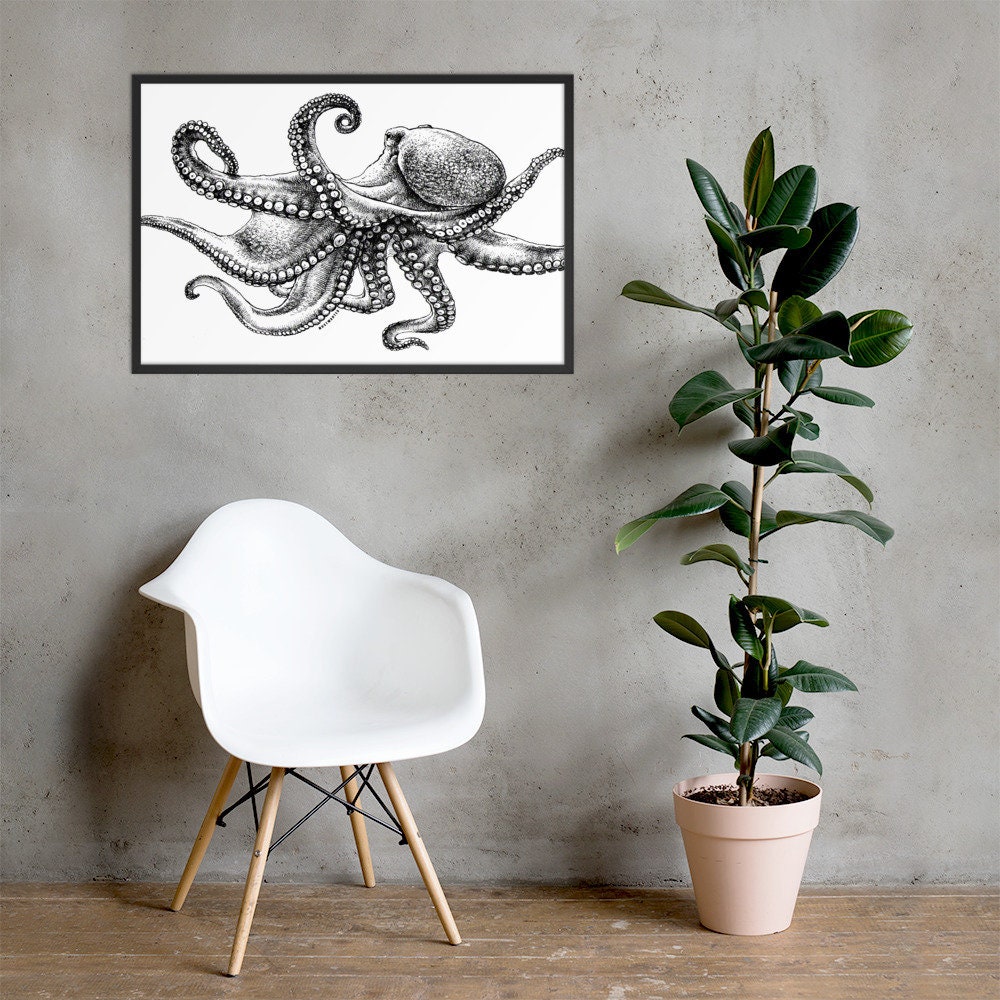 Framed Poster, Octopus, Pen & Ink Drawing, Black/white, Art Print - Etsy