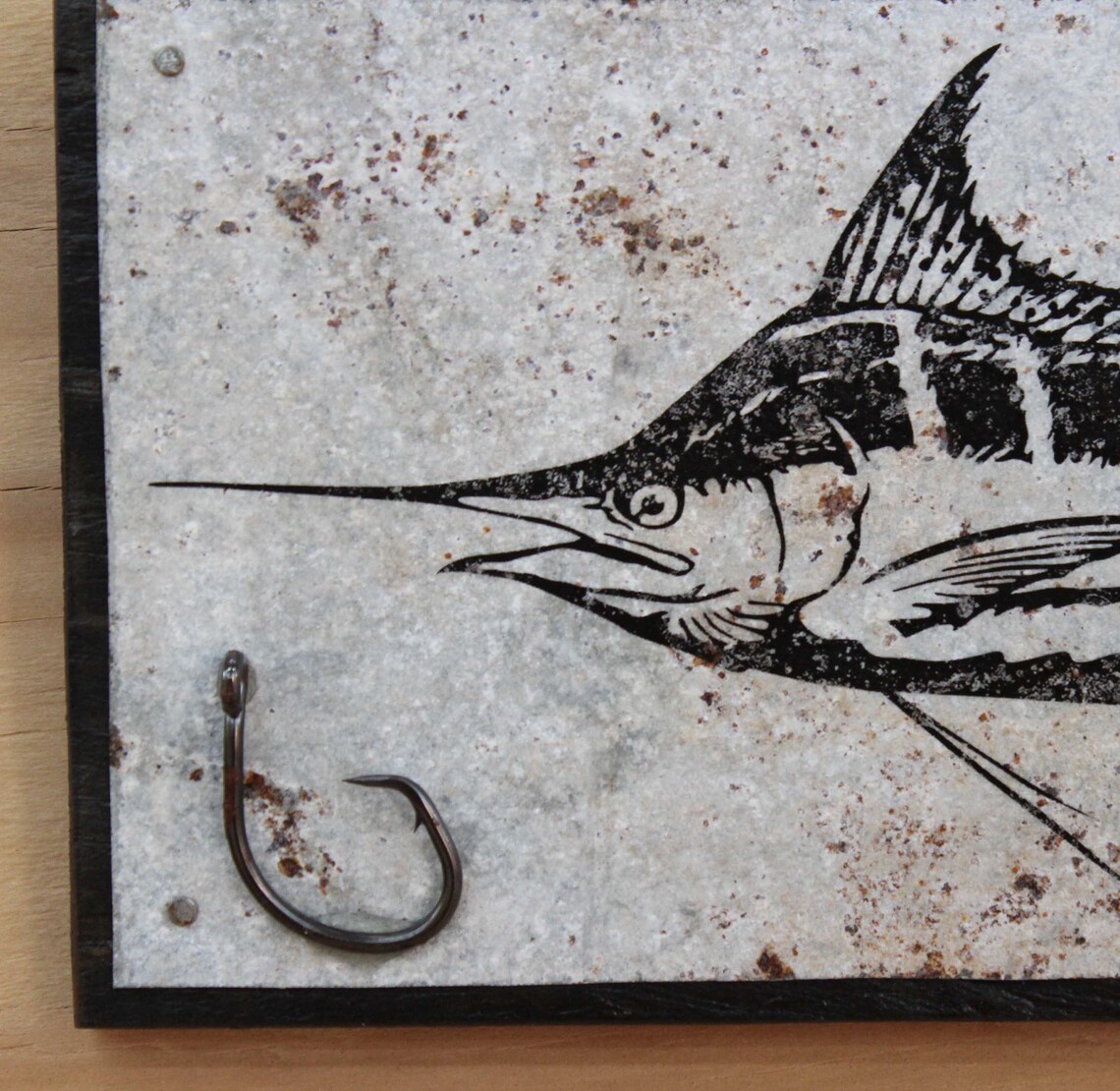 Blue Marlin With Fishing Hook, Drawing, Artwork Transfer on Rusty Metal ...