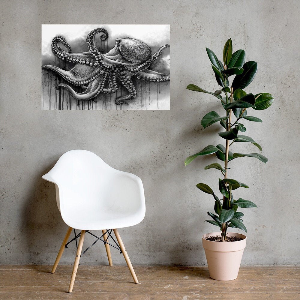 Poster, Inky Octopus, Pen & Ink Drawing With Watercolor Blots and ...