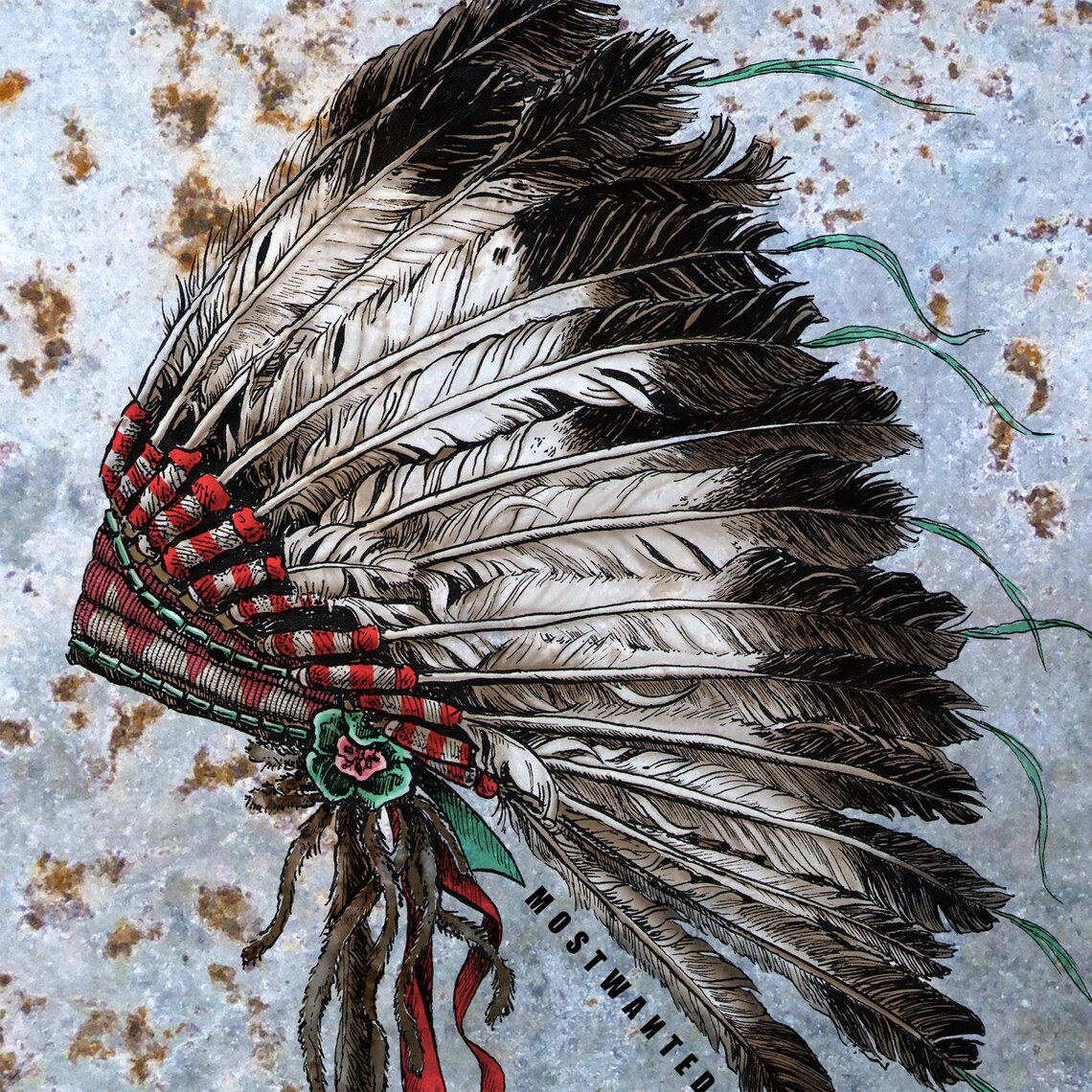 Headdress, Native American War Bonnet, Pen & Ink Drawing, Artwork ...