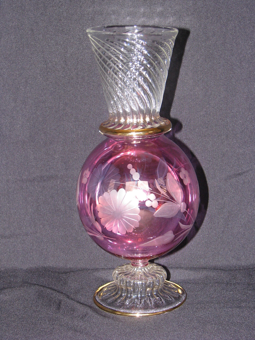 Vintage Pink Fluted Glass Vase With Etched Flowers and Clear - Etsy