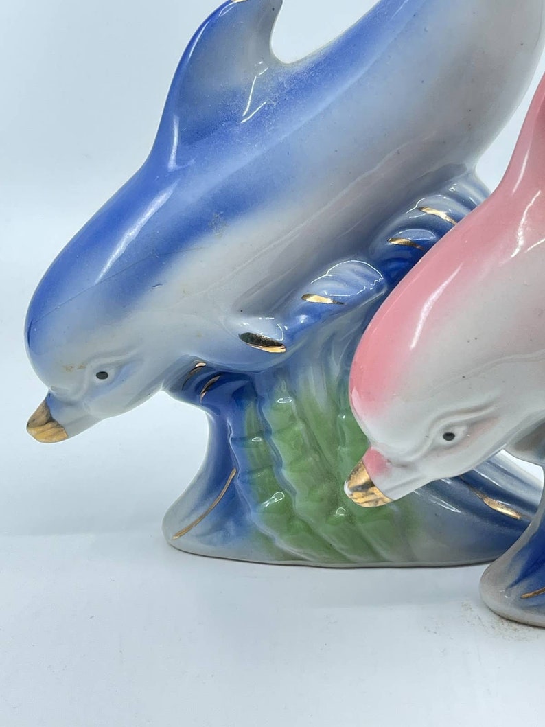 Set of 2 Vintage Dolphin Figurines Pink Blue Ceramic Swimming Porpoise ...