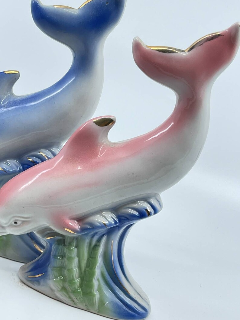 Set of 2 Vintage Dolphin Figurines Pink Blue Ceramic Swimming Porpoise ...