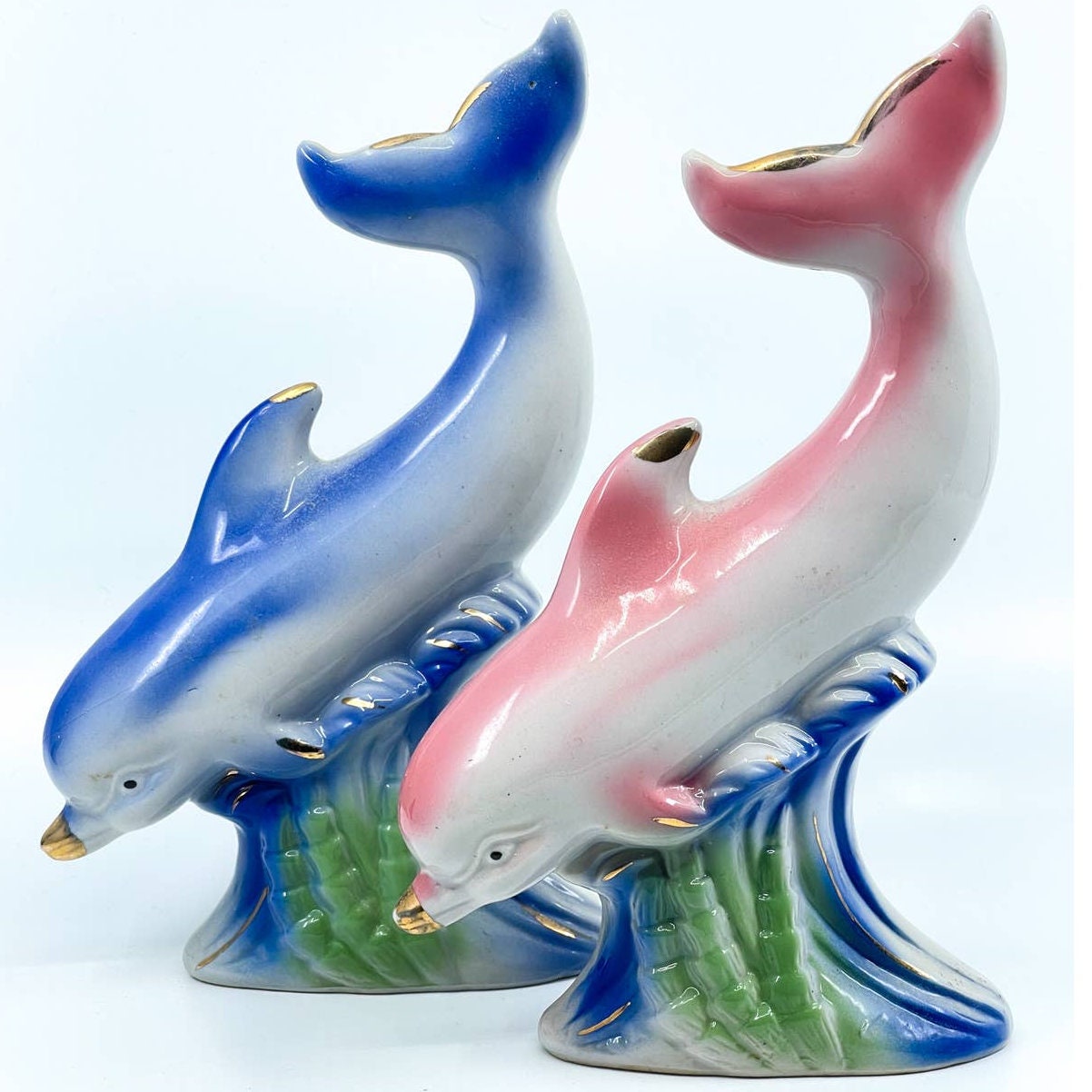Set of 2 Vintage Dolphin Figurines Pink Blue Ceramic Swimming Porpoise ...