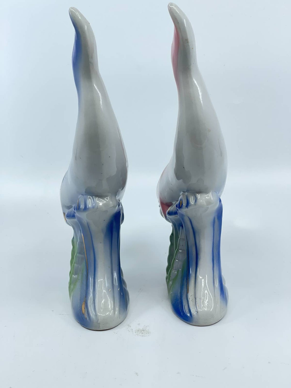 Set of 2 Vintage Dolphin Figurines Pink Blue Ceramic Swimming Porpoise ...