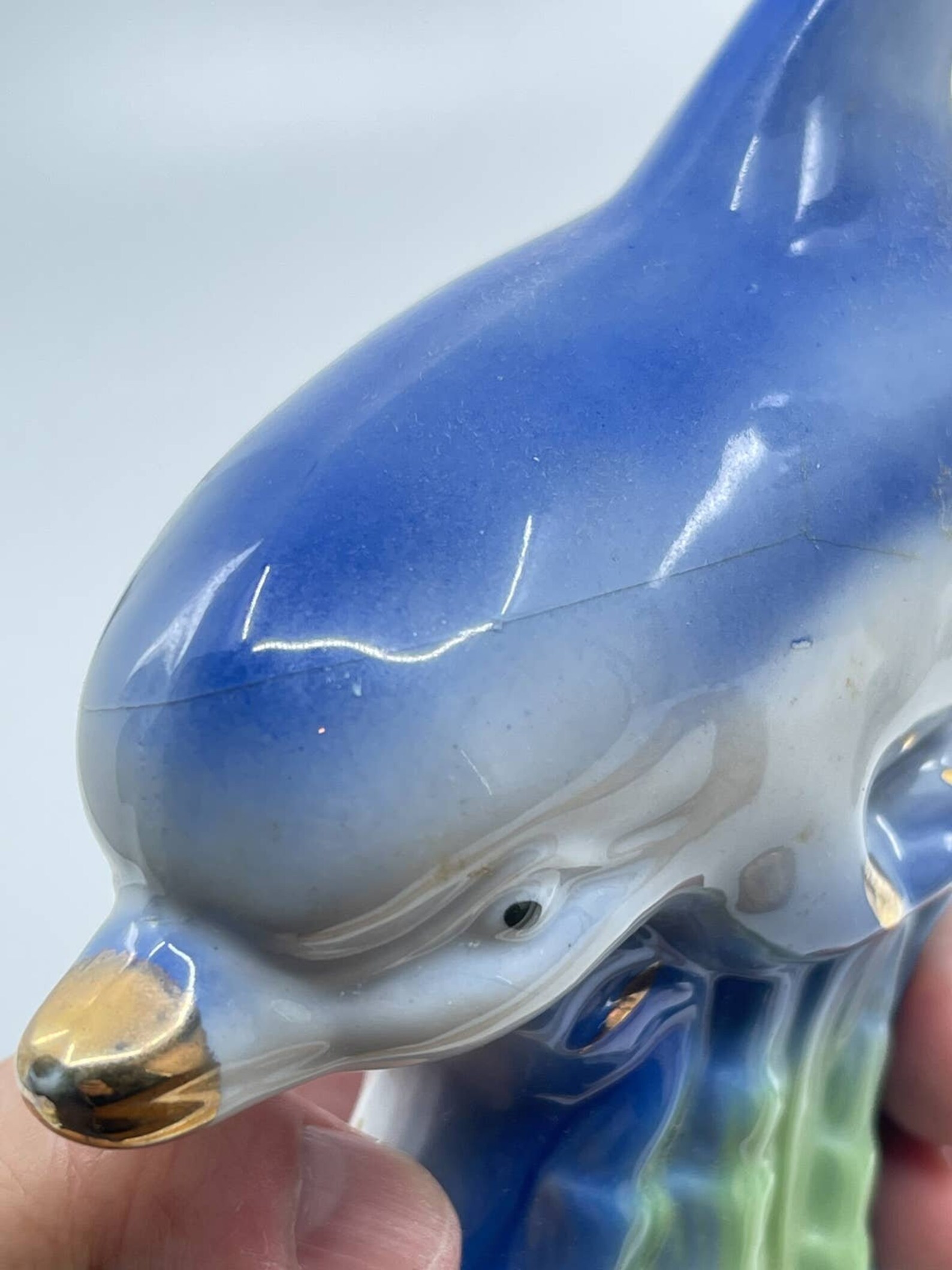 Set of 2 Vintage Dolphin Figurines Pink Blue Ceramic Swimming Porpoise ...