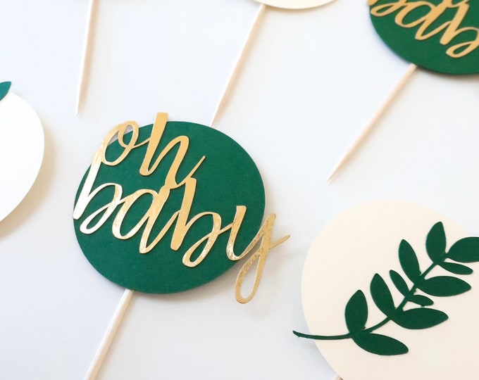 Green Gold Cupcake Toppers Greenery Eucalyptus Oh Baby Baby Shower - Etsy