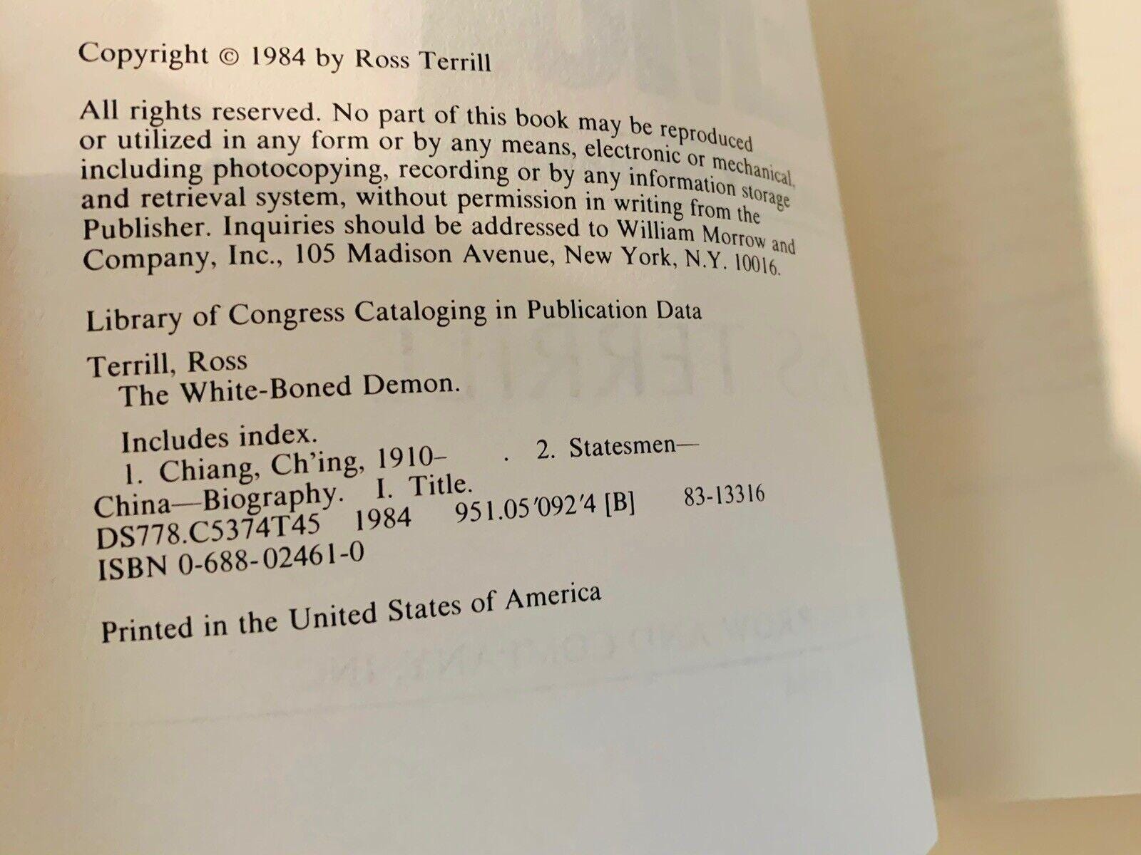 Ross Terrill the White Boned Demon 1st Edition 1st Printing HB/DJ 1984 ...