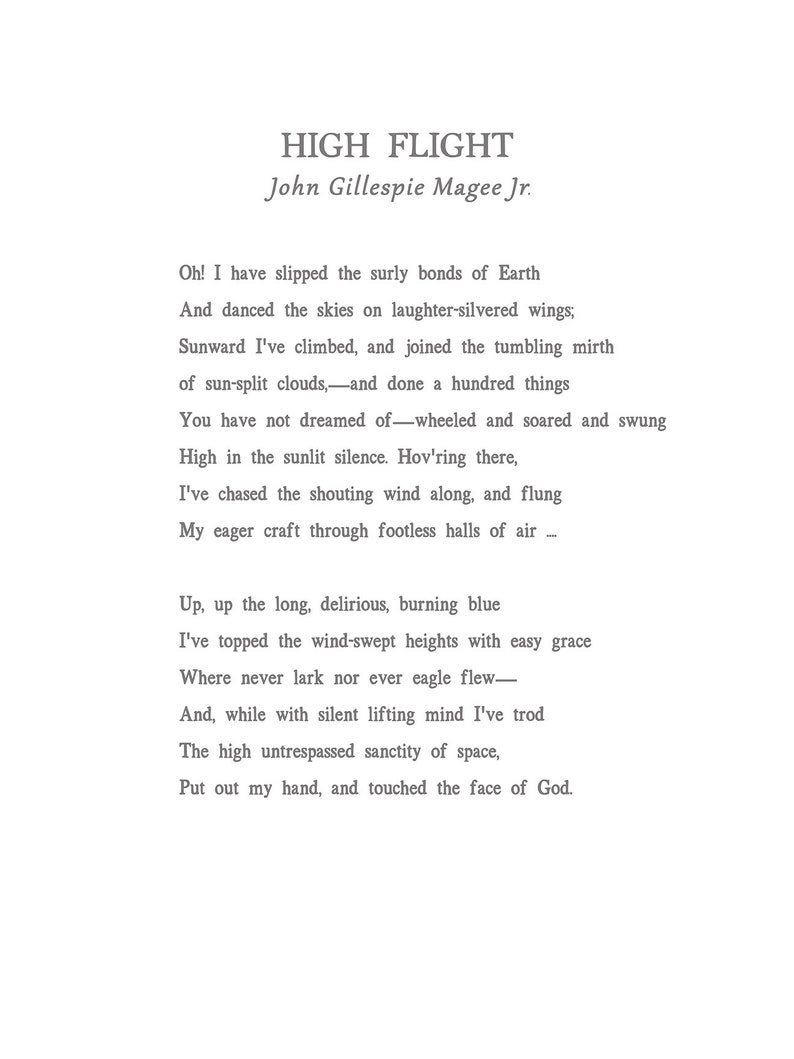High Flight Poem by Fighter Pilot John Gillespie Magee Jr. - Etsy