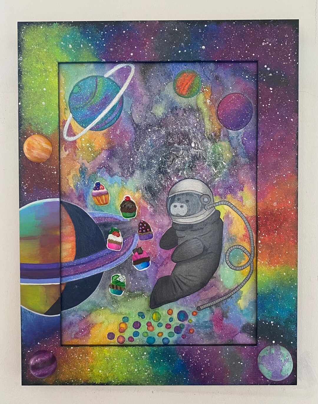 Original Mixed Media Artwork - Space Manatee With Cupcakes - Etsy