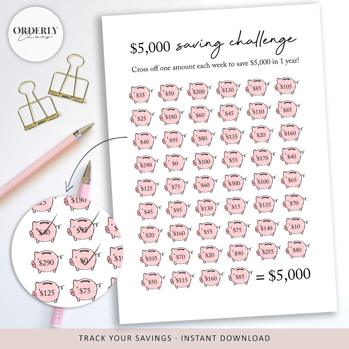 5K Money Saving Challenge Printable Savings Tracker 52 Week | Etsy