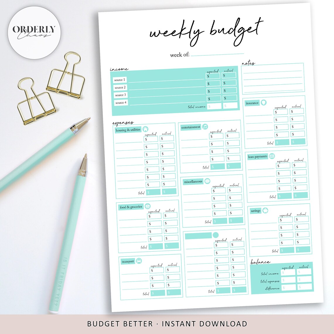 Weekly Budget Planner Printable Aqua Financial Planner | Etsy
