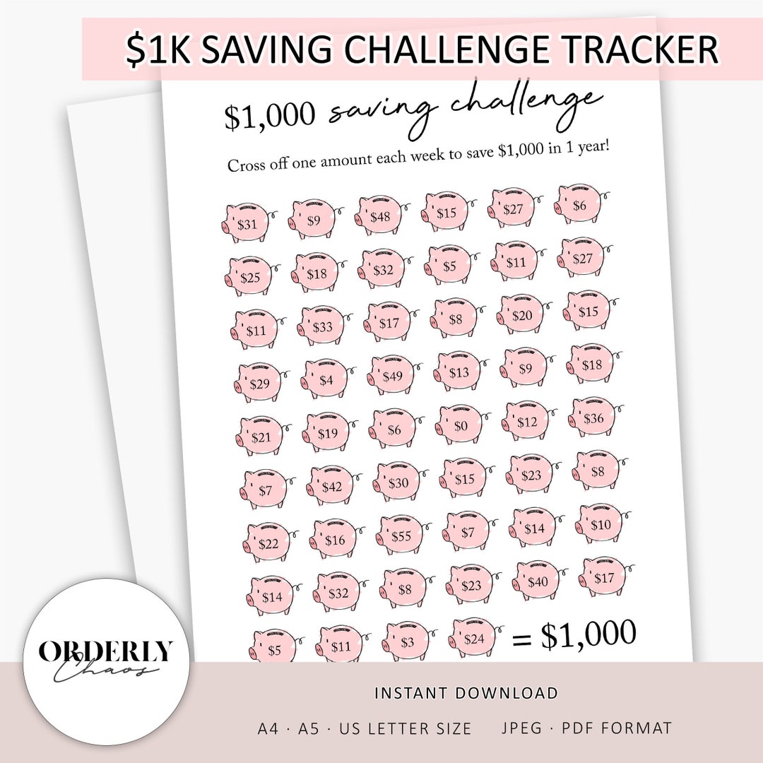 1K Money Saving Challenge Printable | Savings Tracker, 52 Week ...