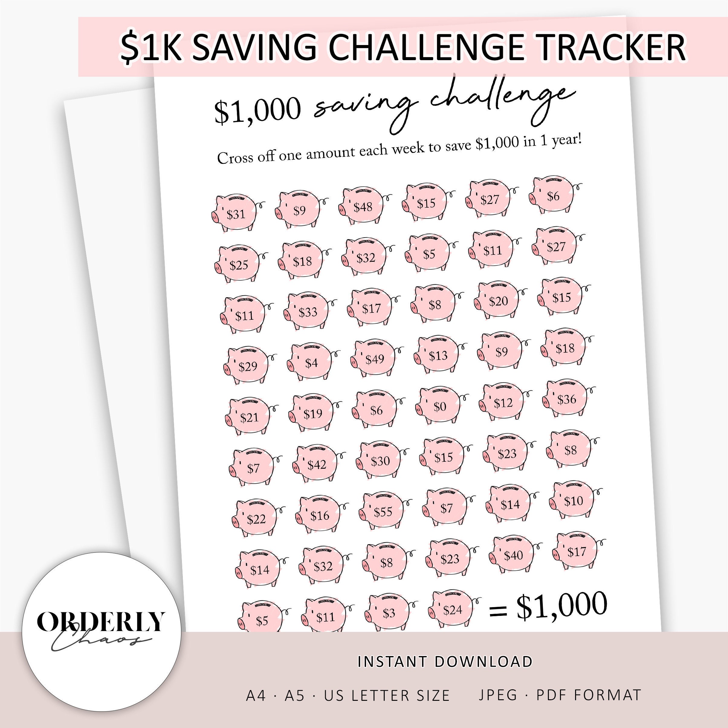1K Money Saving Challenge Printable Savings Tracker 52 Week - Etsy UK