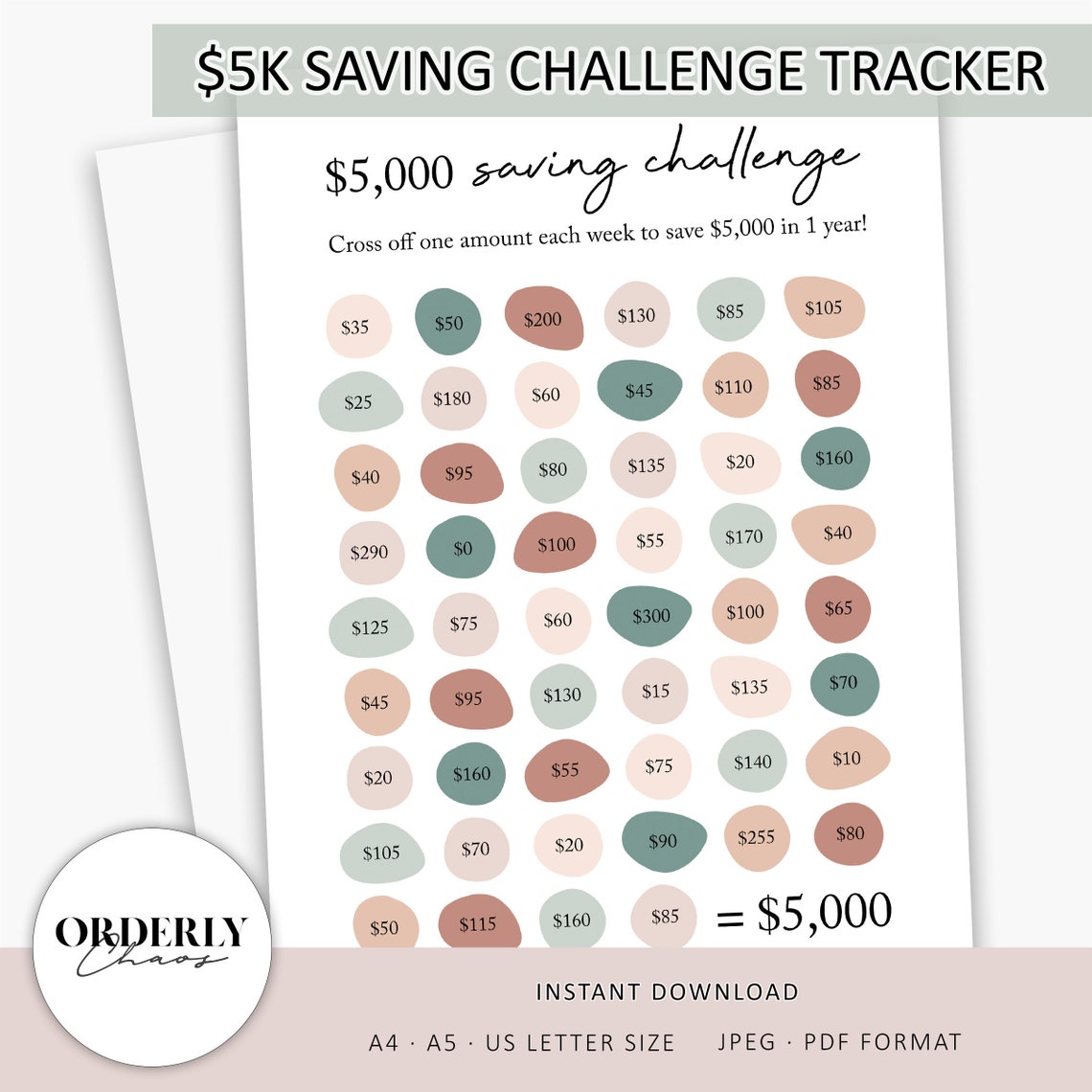 5K Money Saving Challenge Printable Modern Minimalism | Etsy