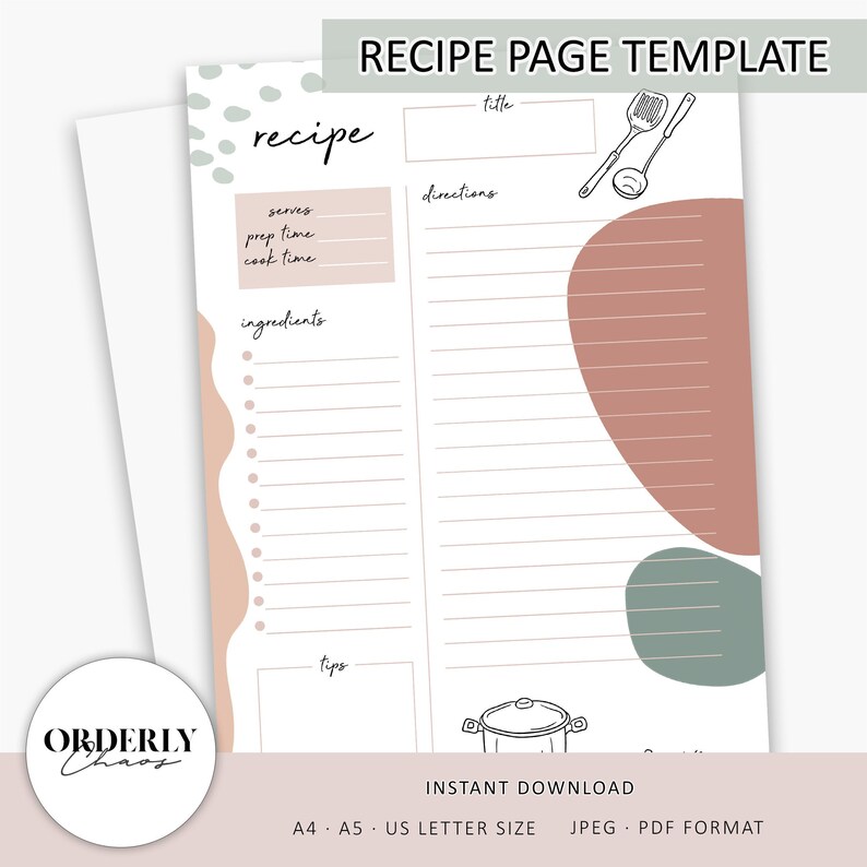 Recipe Page Template Printable Modern Minimalism Recipe - Etsy
