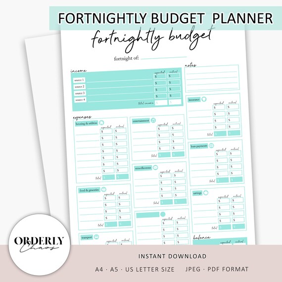 Fortnightly Budget Planner Printable Aqua Financial Planner | Etsy