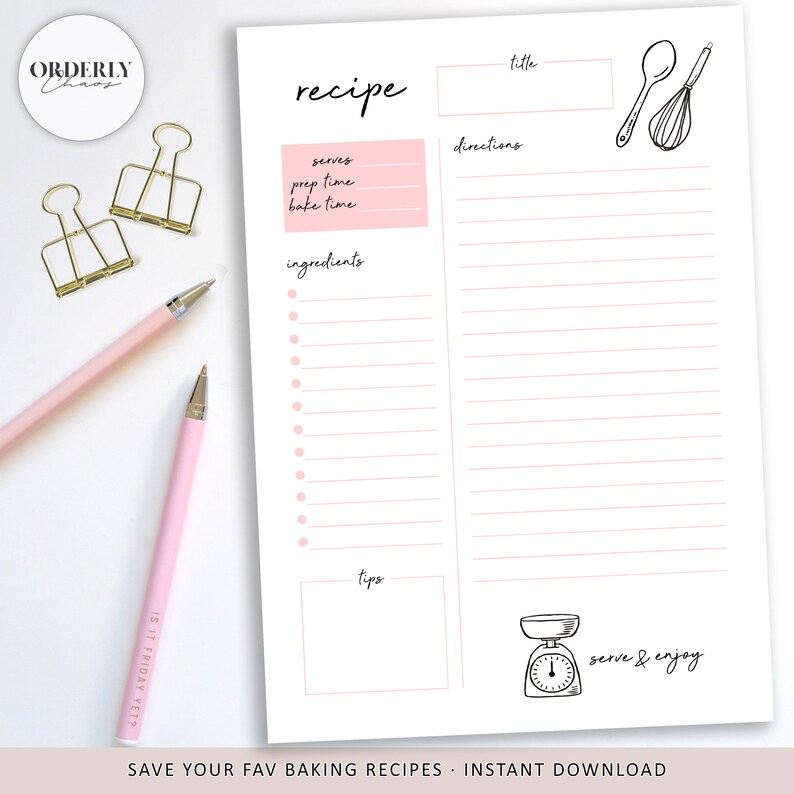 Baking Recipe Page Template Printable Recipe Planner | Etsy