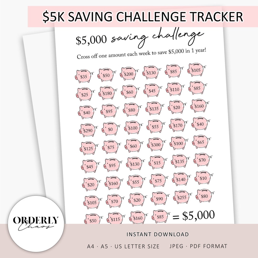 5K Money Saving Challenge Printable | Savings Tracker, 52 Week ...