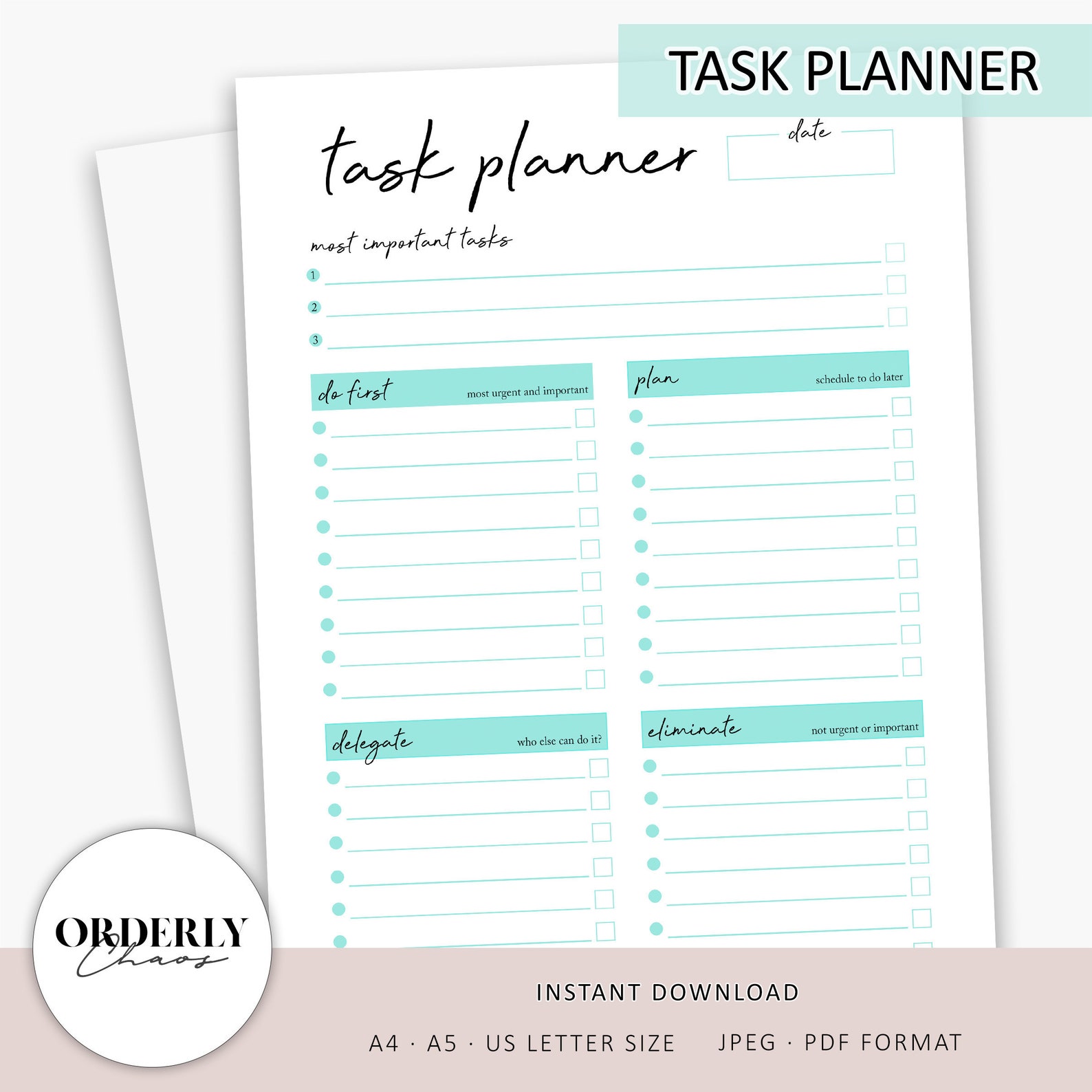 Task Planner Printable Aqua | Daily Planner, Task List, Task Priority ...