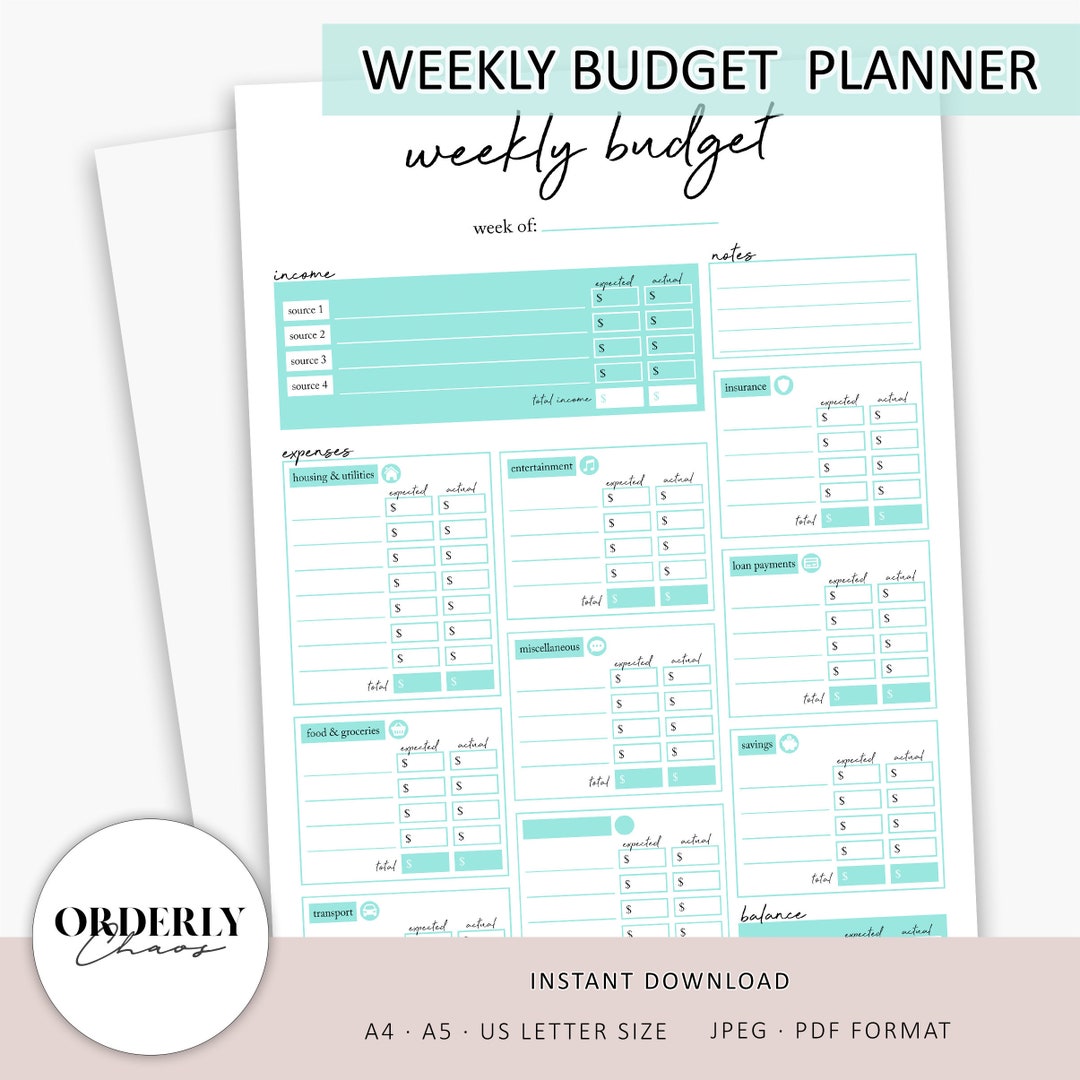 Weekly Budget Planner Printable Aqua | Financial Planner, Expense ...