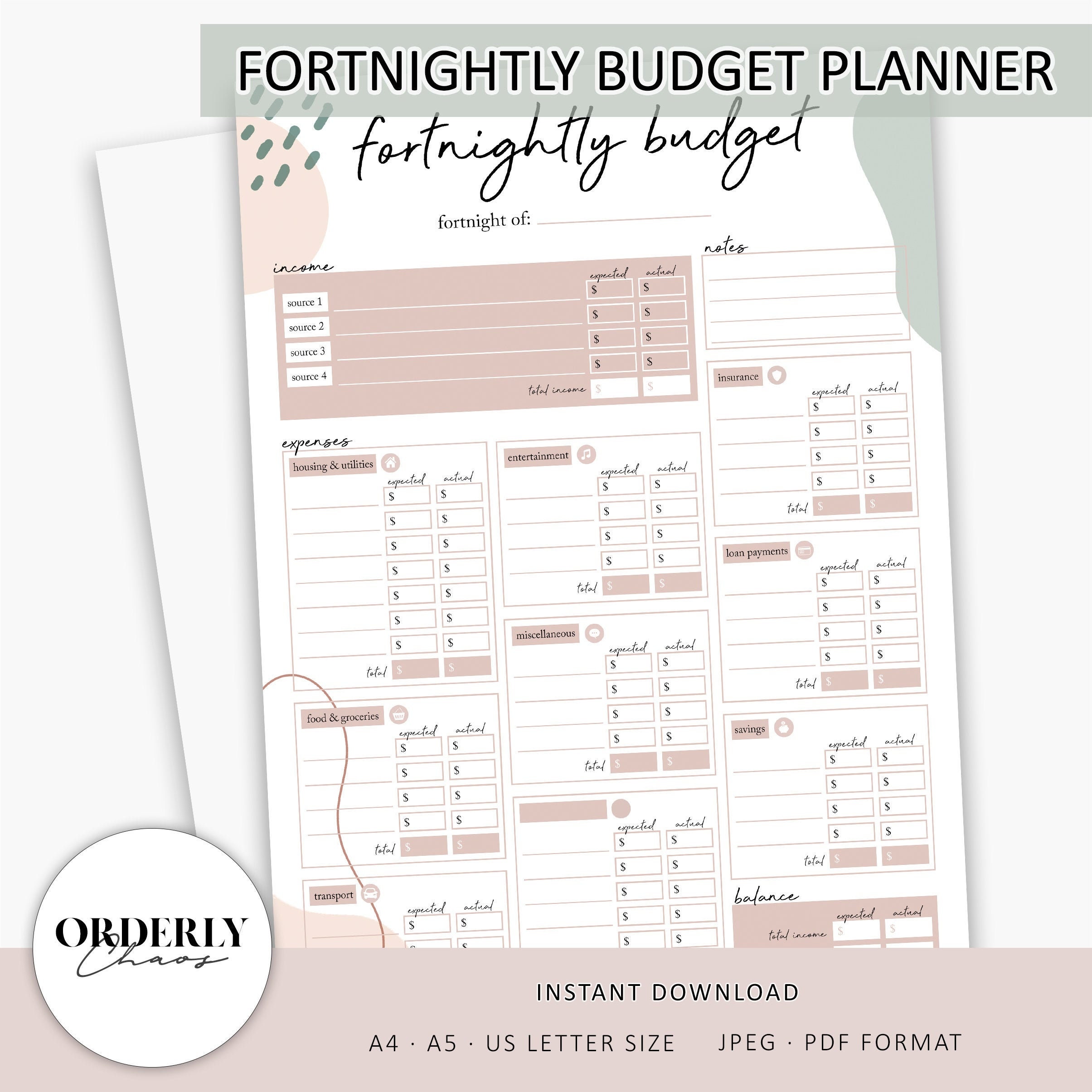 Fortnightly Budget Planner Printable Modern Minimalism | Financial ...