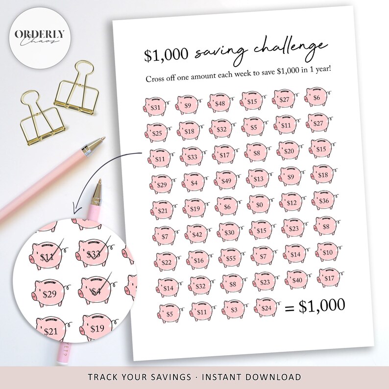 1K Money Saving Challenge Printable | Savings Tracker, 52 Week ...