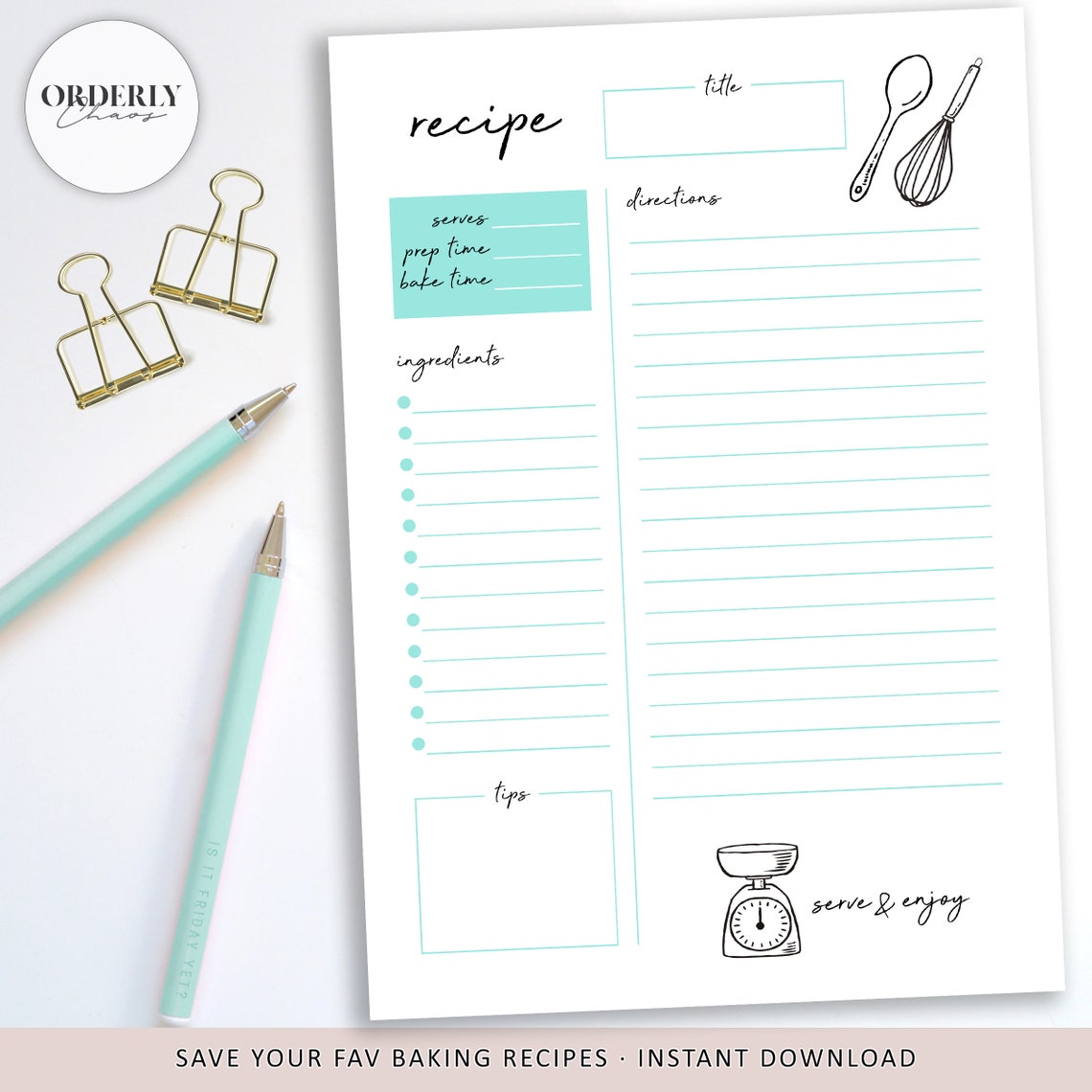 Baking Recipe Page Template Printable Aqua Recipe Planner | Etsy