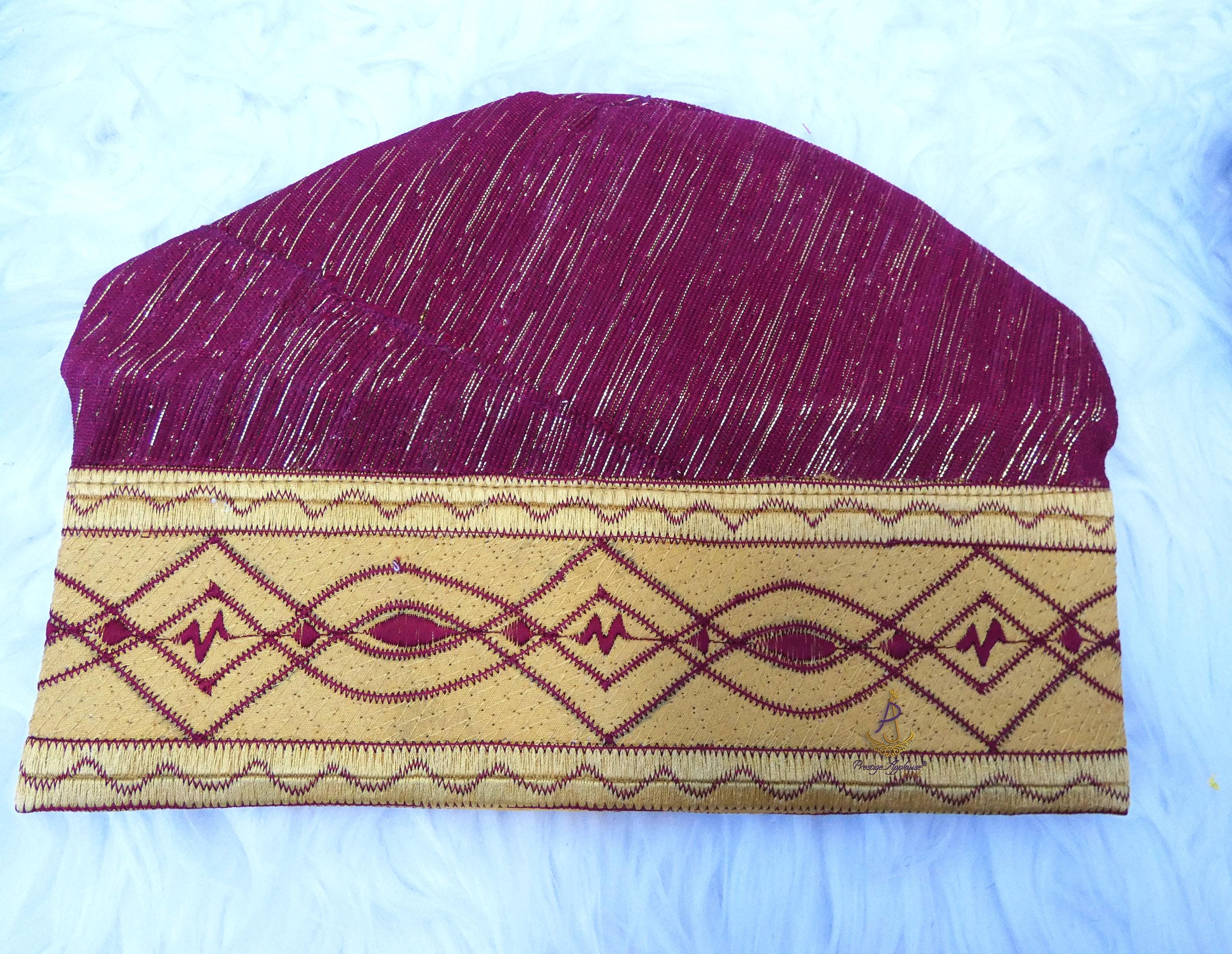 Maroon Red Gold Embroidery Yoruba Fila Hat Royal Designs Aso Oke Groom ...