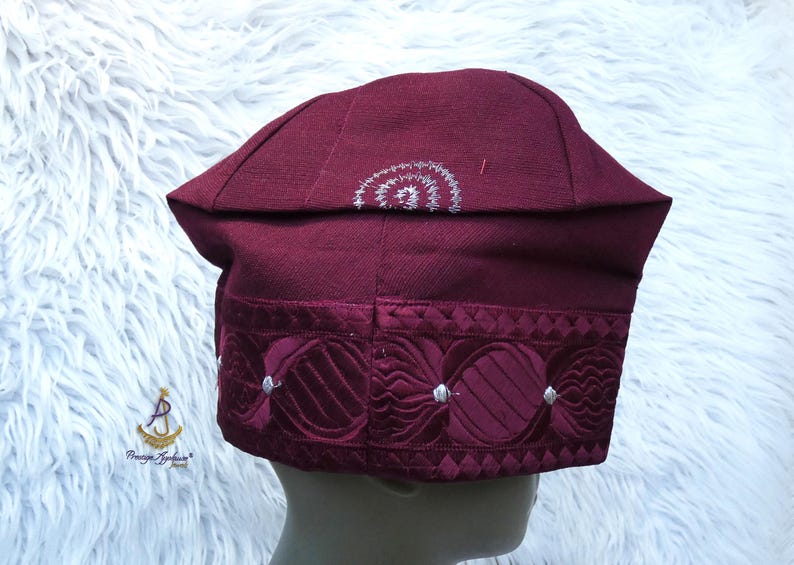 Maroon Red Gold Embroidery Yoruba Fila Hat Royal Designs Aso Oke Groom ...