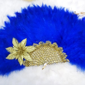 Beautiful Detailed Royal Blue With Gold Feather Hand Fan Wedding ...