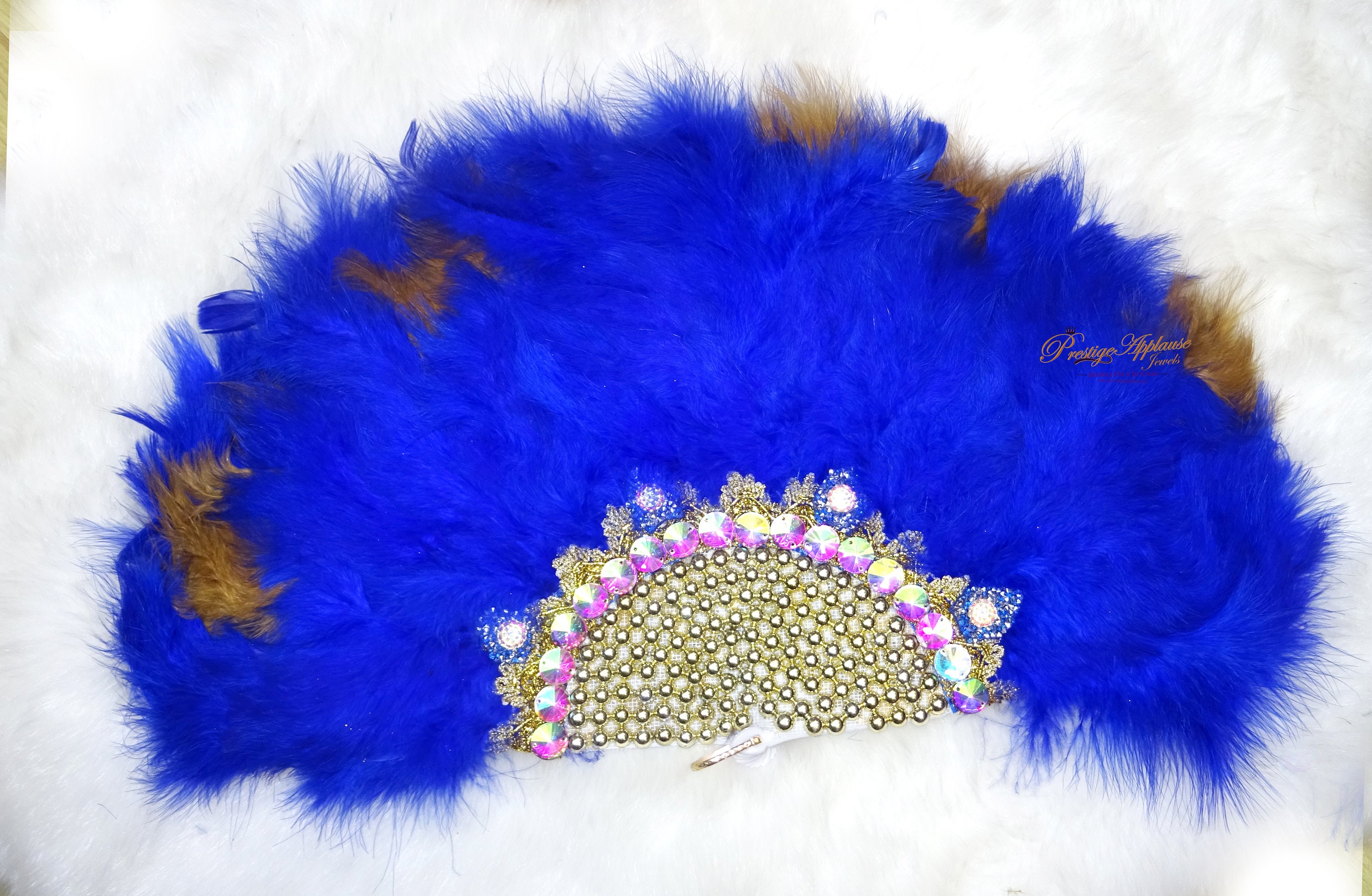 Beautiful Detailed Royal Blue With Gold Feather Hand Fan Wedding ...