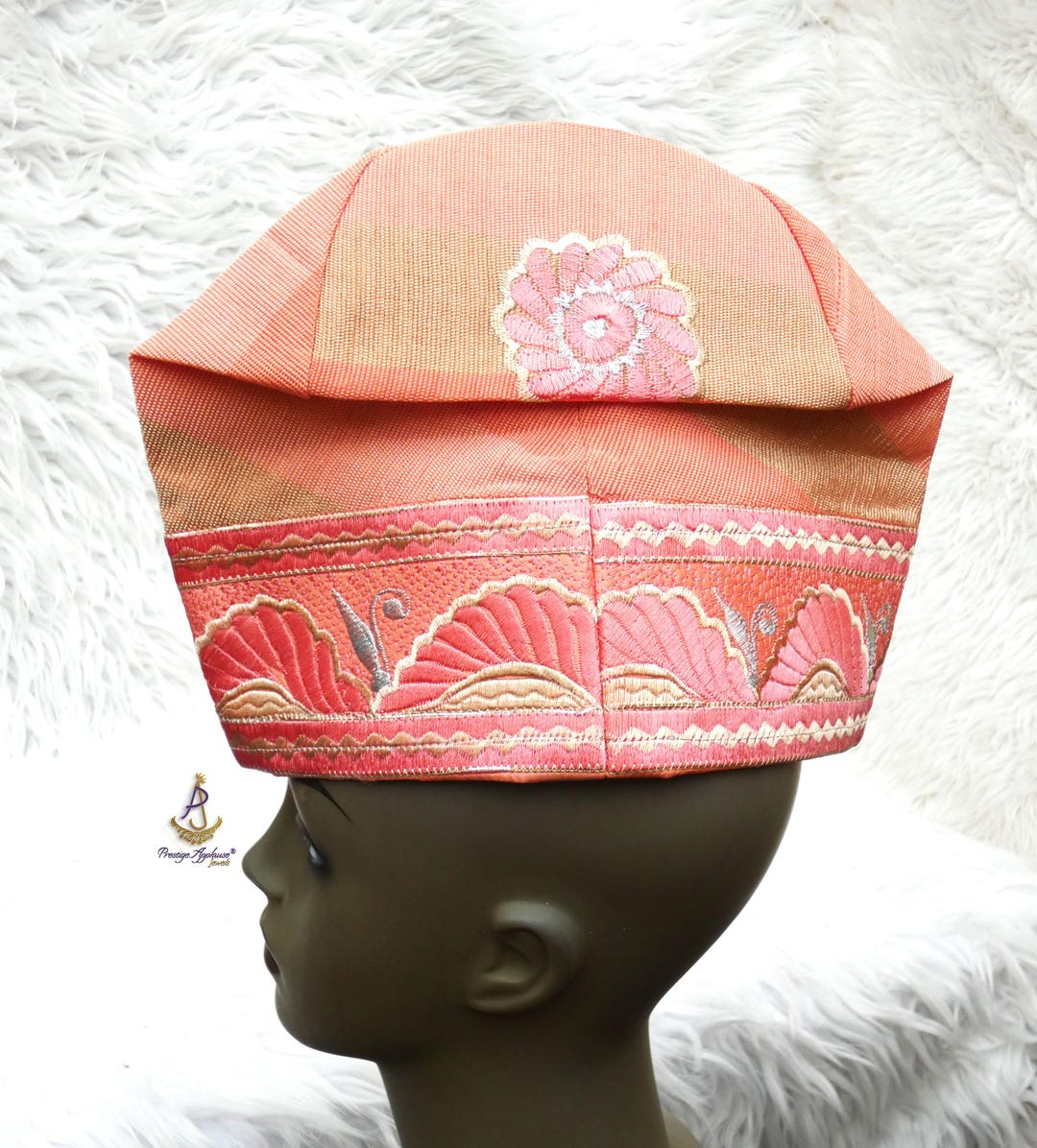 Peach With Champagne Gold Yoruba Fila Hat Royal Designs Aso Oke Groom ...