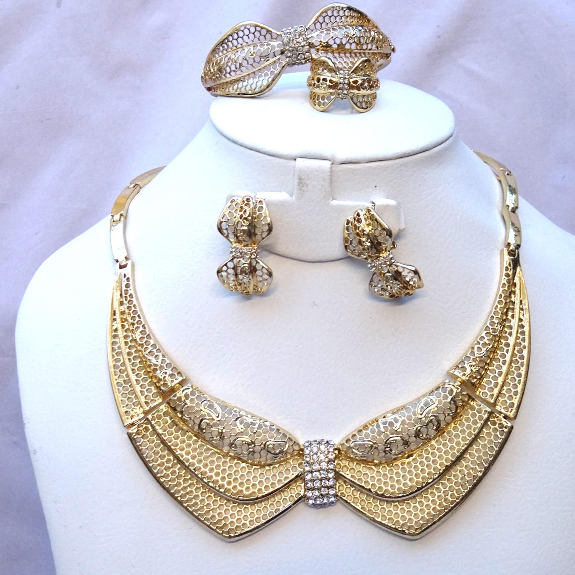 Gold Plated Jewellery Set Necklace Ring and Earrings for Weddings ...