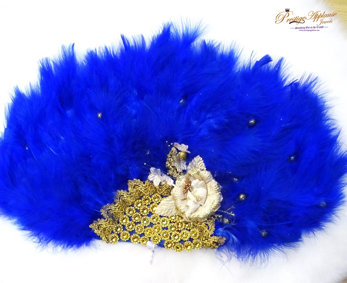 Beautiful Detailed Royal Blue With Gold Feather Hand Fan Wedding ...