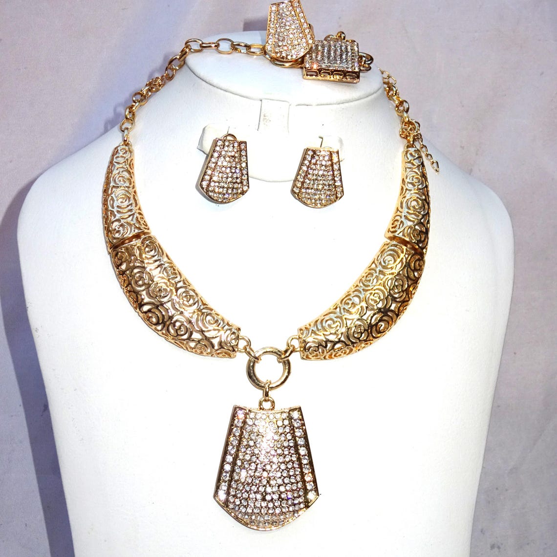 Gold Plated Jewellery Set Necklace Ring and Earrings for Weddings ...
