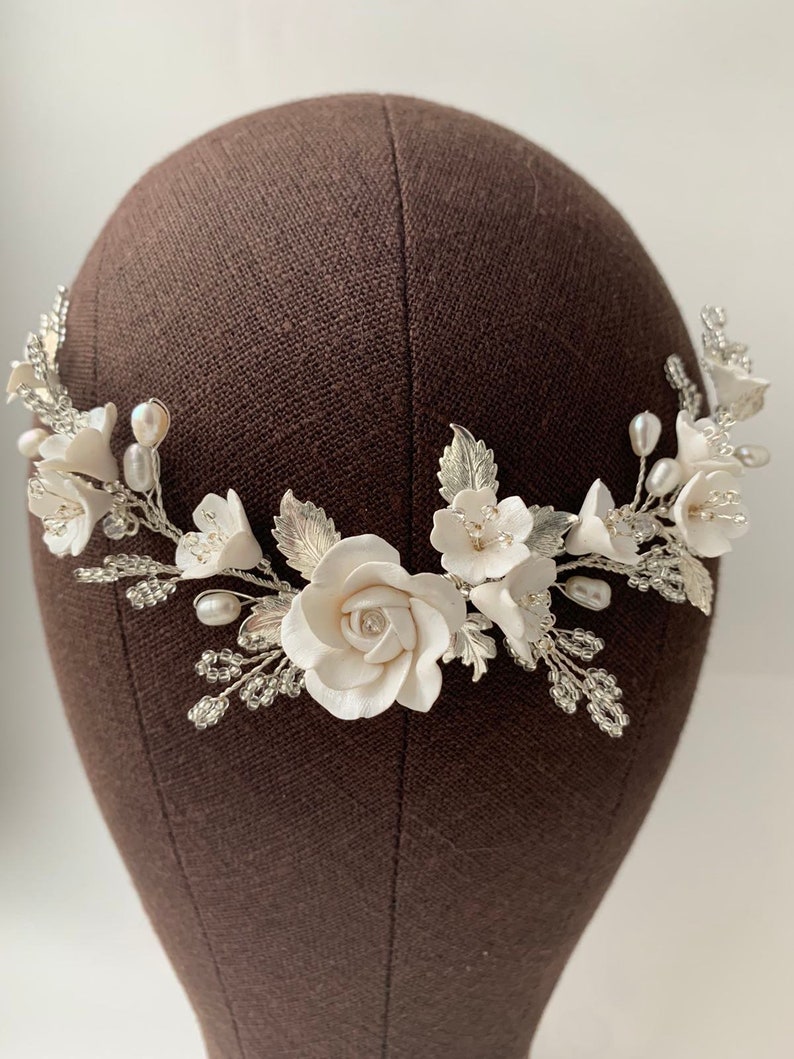 Wedding Halo Headpiece Flower & Pearl Rustic Bridal Hair Accessories ...