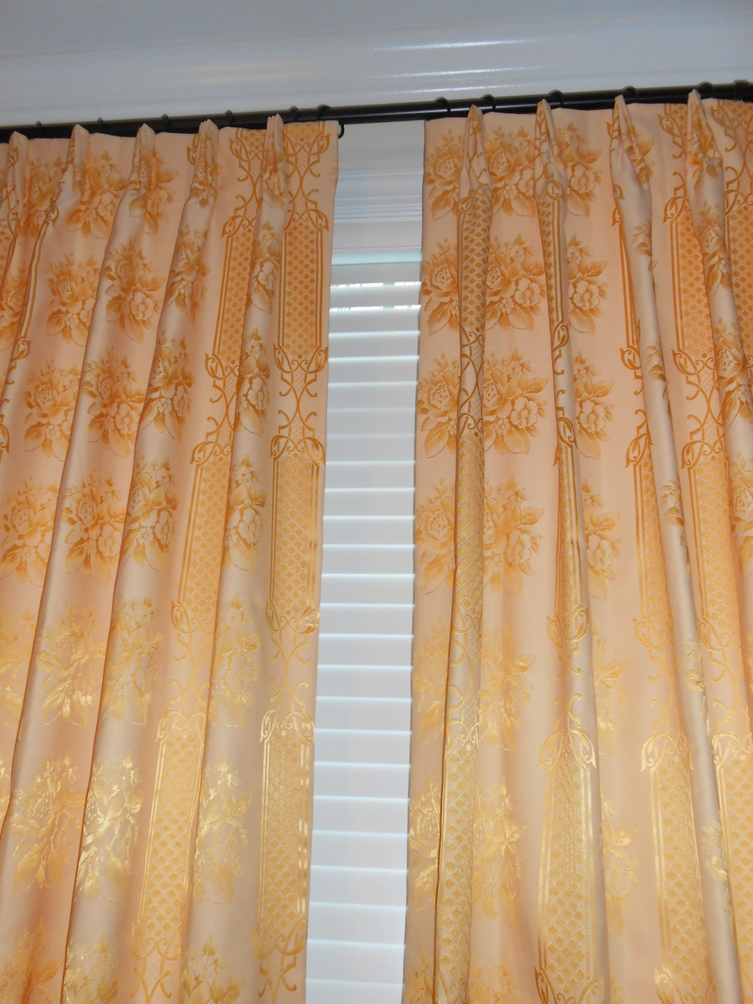 Designer Drapes Yellow Gold on Golden White Tones Floral & Trellis ...