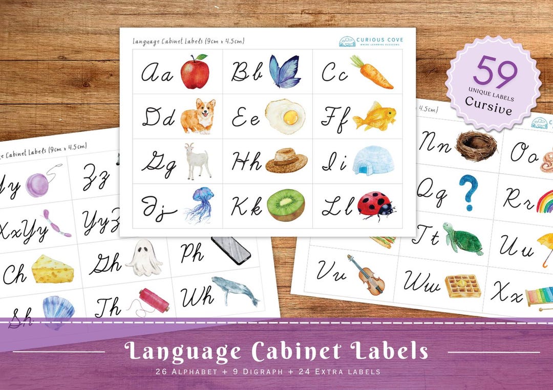 A-Z Alphabet Montessori Cabinet Labels, Cursive Letters, Preschool ABC ...