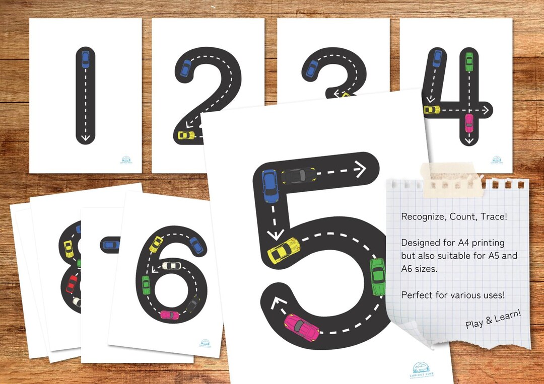 Cars Roads Number Tracing Flashcards, Preschool Math, Counting Numbers ...