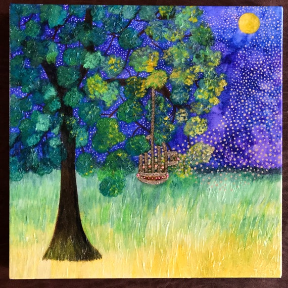Moon/stars/tree/night Sky Canvas Giclee Print | Etsy