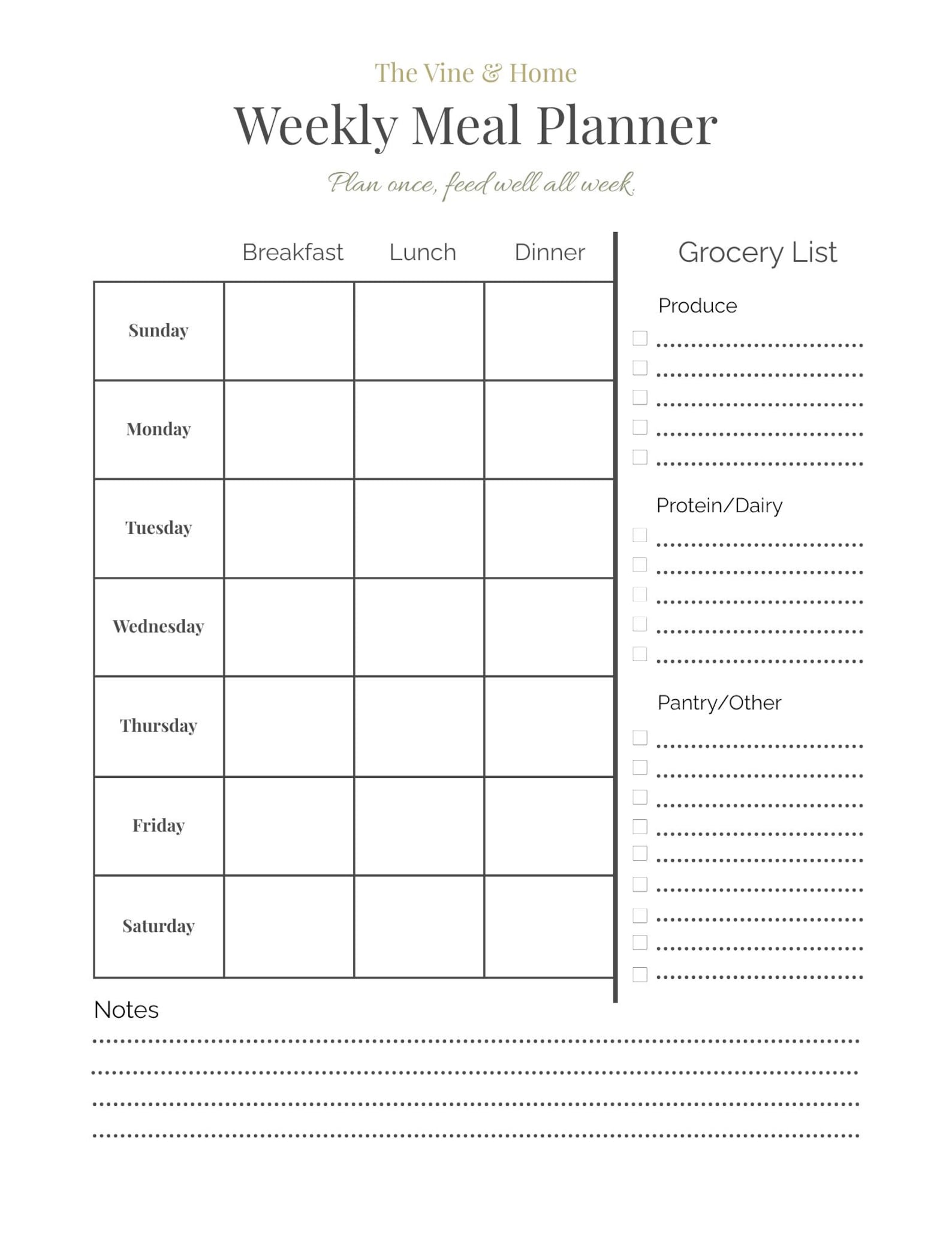 Weekly Meal Planner | Printable PDF | the Vine & Home - Etsy