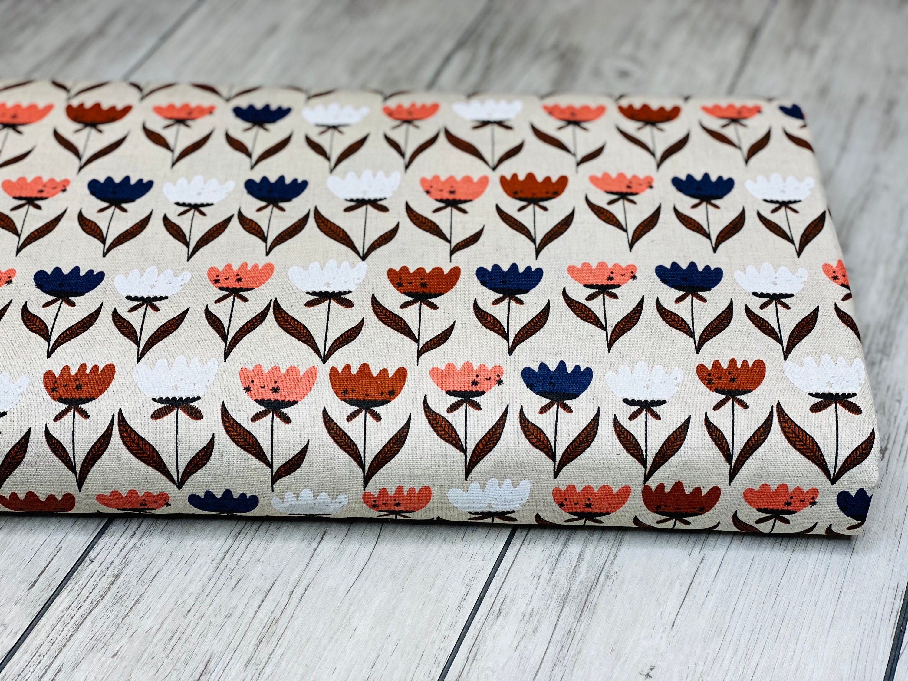 Cloud9 Fabrics, Organic Cotton Linen, Plant Peeps- Flower Friends Ivory, Sold by the 1/2 yard or ...