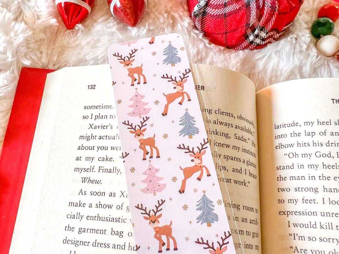 Pink Christmas Reindeer Bookmark Christmas Bookmark Snow Bookmark ...